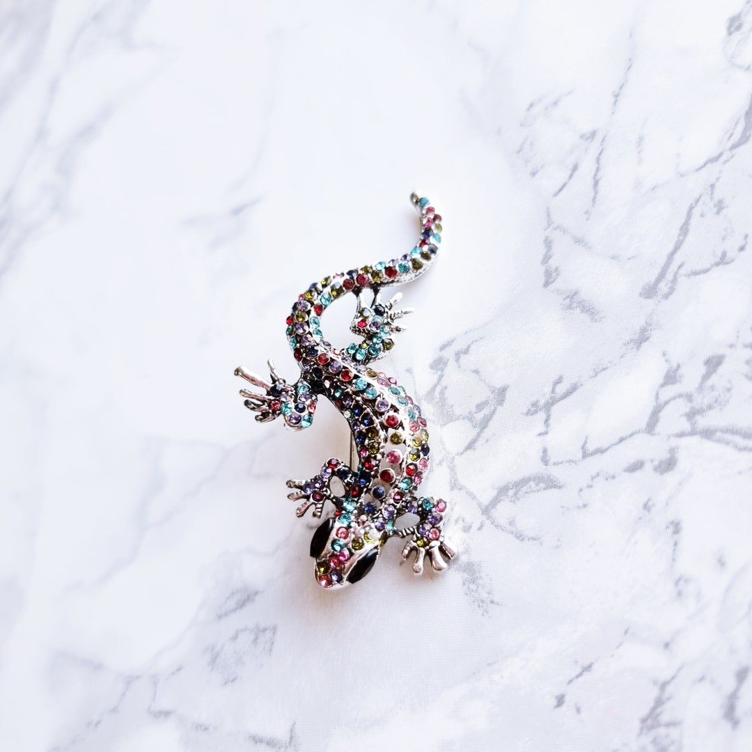 Enamel Rhinestone Rainbow Gecko Lizard Fashion Brooch Pin | Costume ...