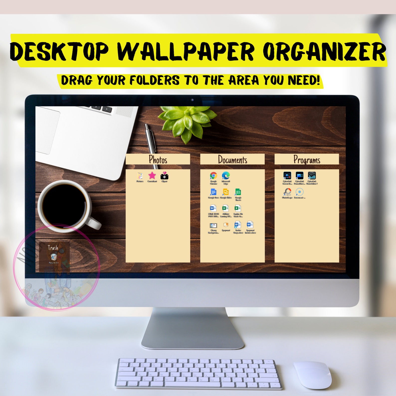 Wood Desktop Organizer Wallpaper: Computer Background (digital Download ...