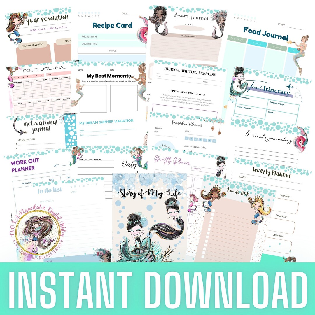 PRINTABLE Undated Watercolor Mermaid Weekly Monthly Journal Meal ...