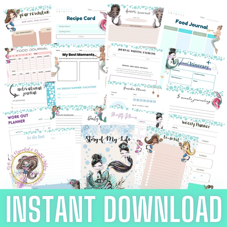 PRINTABLE Undated Watercolor Mermaid Weekly Monthly Journal Meal ...