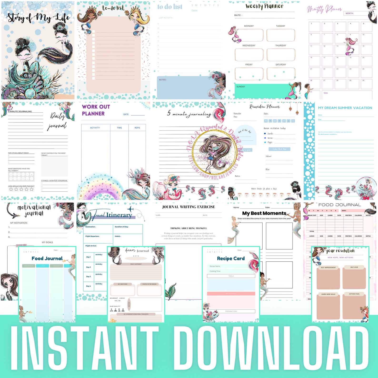PRINTABLE Undated Watercolor Mermaid Weekly Monthly Journal Meal ...