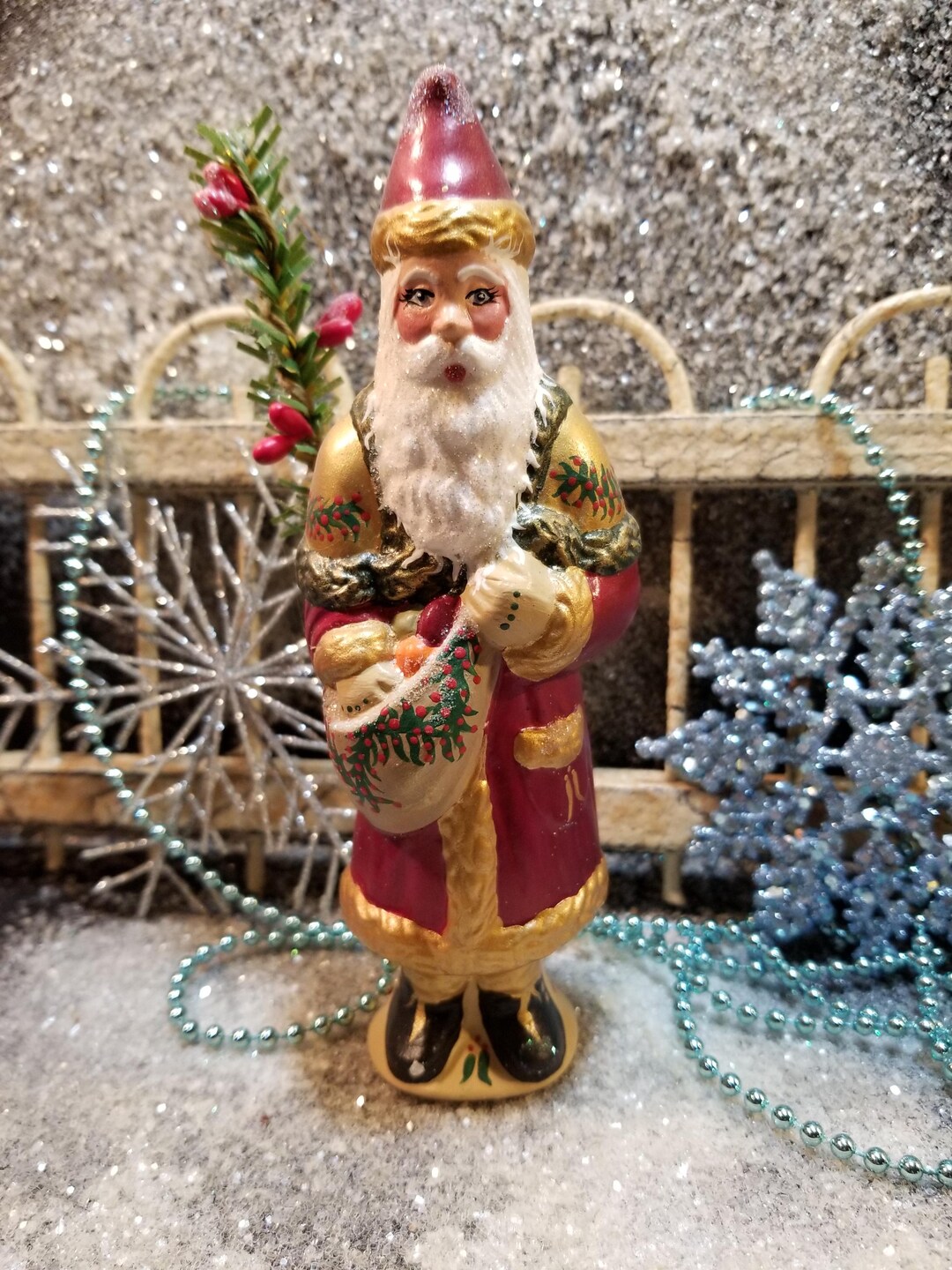 Victorian Father Christmas 6 1/2 Inches Tall. Burgundy Coat, Gold Cape ...