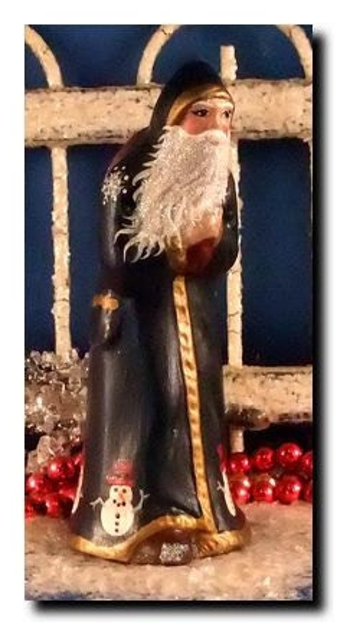 Handmade Chalkware Santa Figurine: Navy Robe With Snowmen (4 3/4 Inches ...
