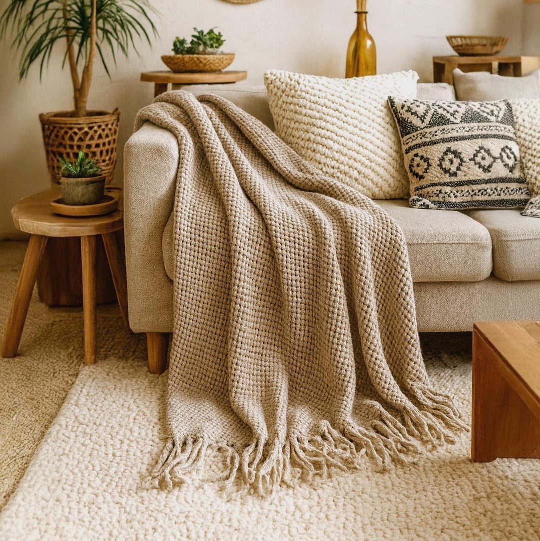 Textured Knit Tassel Throw Blanket – Lightweight Soft Waffle Weave, 2 ...