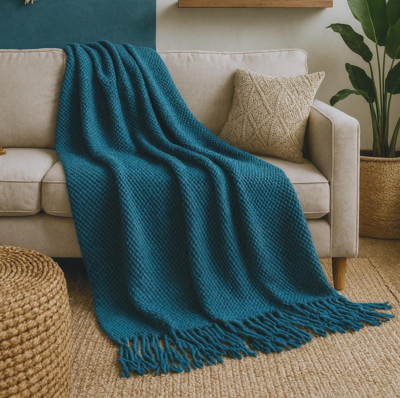 Textured Knit Tassel Throw Blanket – Soft Waffle Weave, 2 Sizes, 6 ...