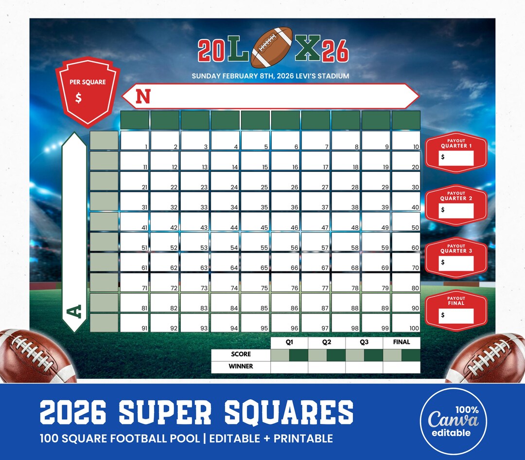 2026 Football Squares Template | Super Bowl Football Squares | Football ...
