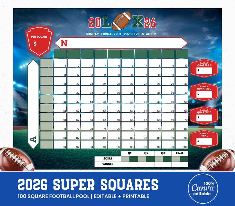 Super Big Game Football Squares Template, 2026 Square Pool Bowl, Team ...