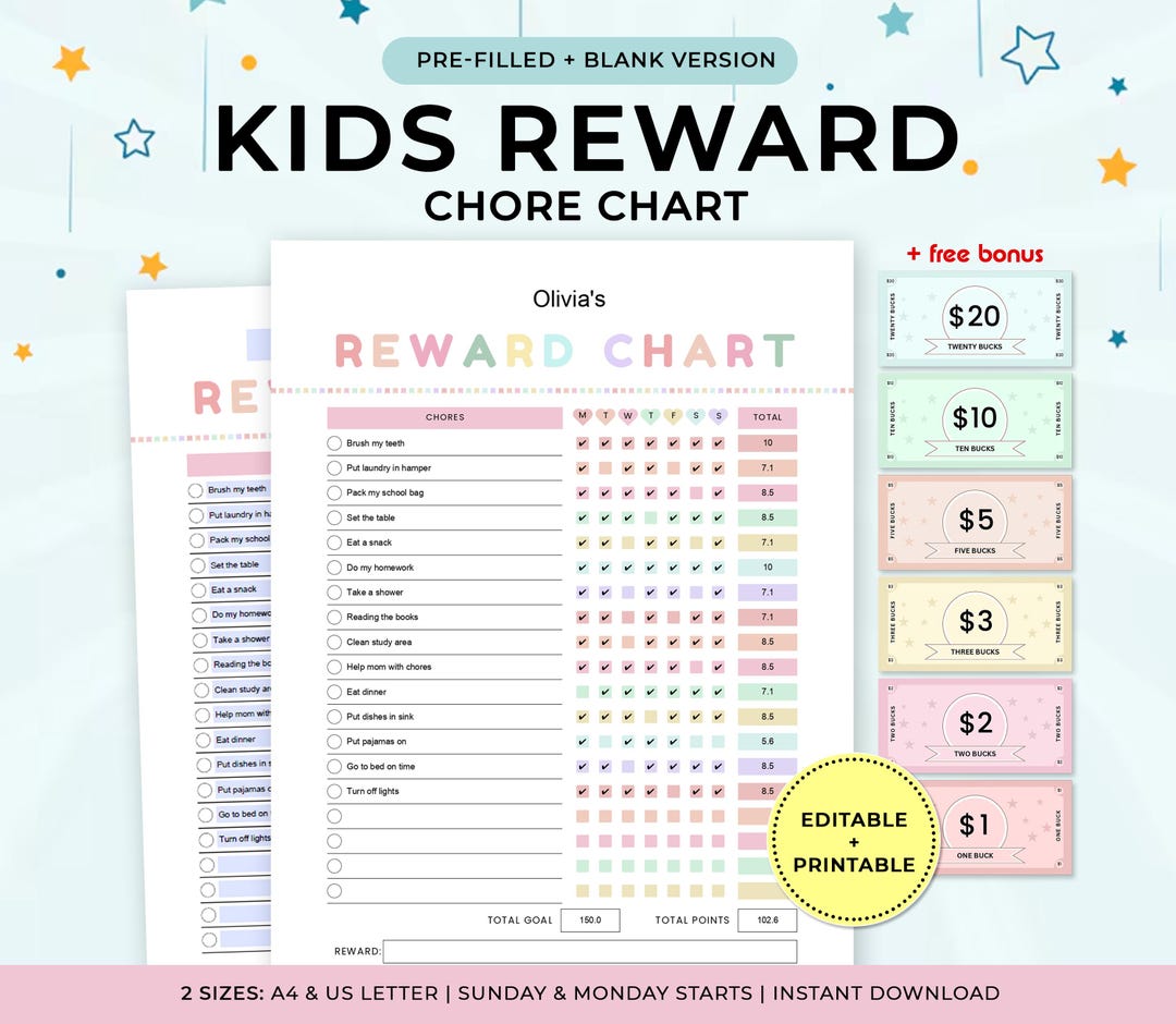 Editable Kids Reward Chart, Kids Reward Bucks, Coupons, Kids Chore ...