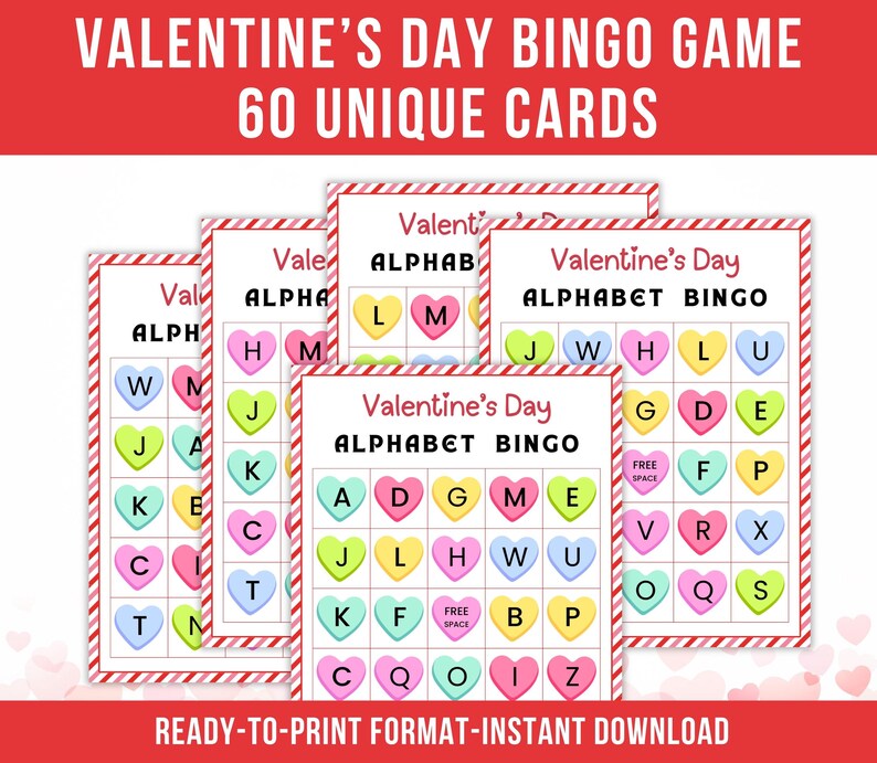 Valentine’s Day Alphabet Bingo Printable, 60 Unique Cards, Preschool ...