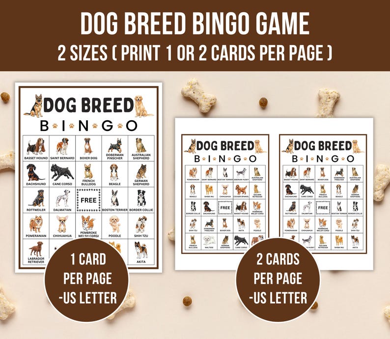 Dog Breed Bingo Cards, Printable Dog Bingo Cards Game, Dog Birthday ...