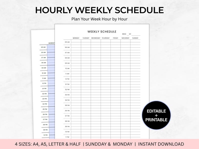 Hourly Weekly Schedule Printable, Time Blocking, Editable Time Sheet ...