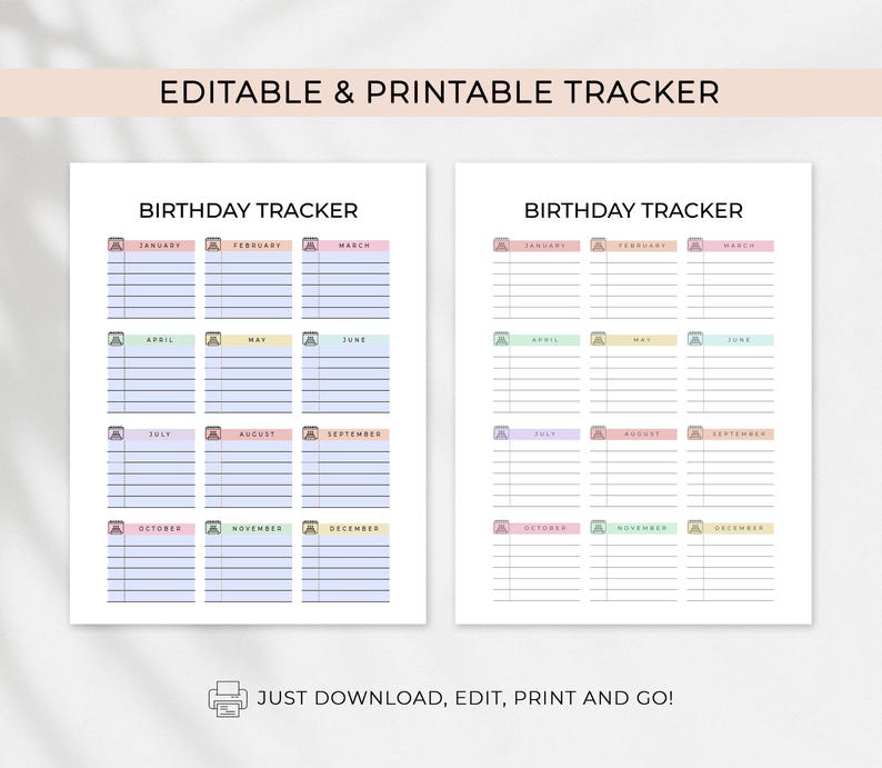 Editable Birthday Tracker, Printable Birthday List, Birthday Calendar ...