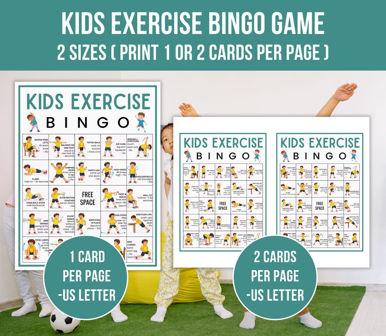 Kids Exercise Bingo, Exercise Bingo Cards, Printable Fitness Bingo Game ...