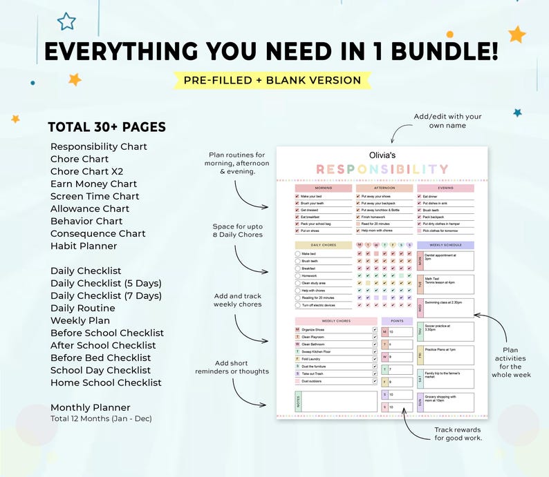 Editable Kids Chore Chart Bundle, School, Reward, Allowance, Daily ...