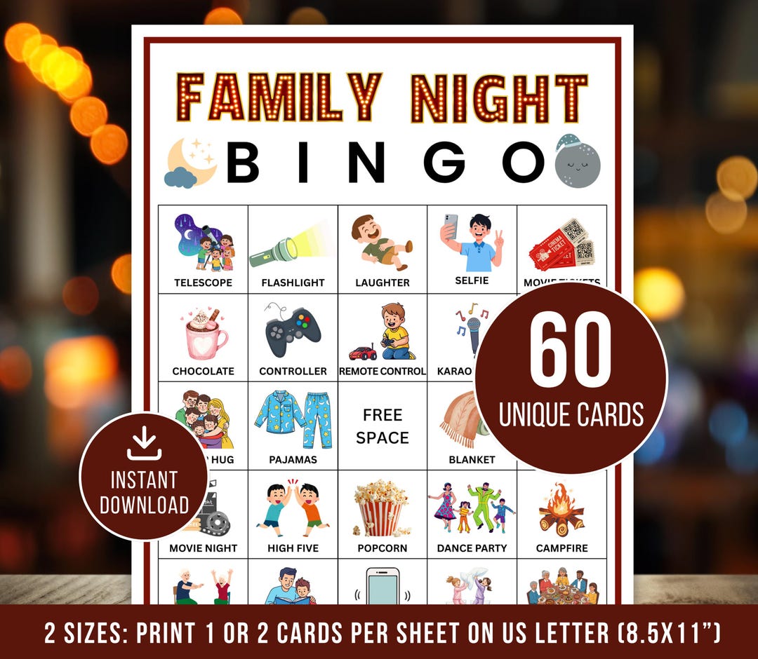 Family Night Bingo, 60 Bingo Cards Printable, Family Night Activity ...