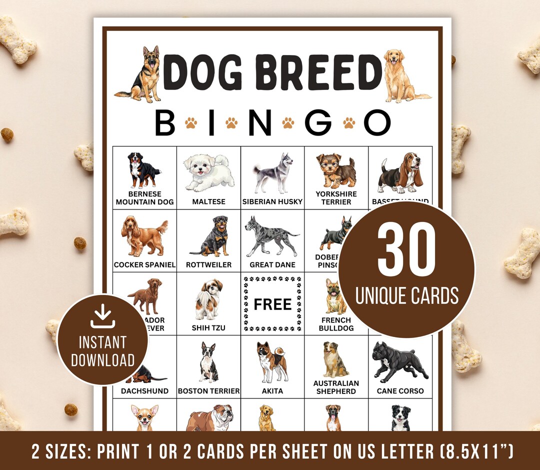 Dog Breed Bingo Cards, Printable Dog Bingo Cards Game, Dog Birthday ...