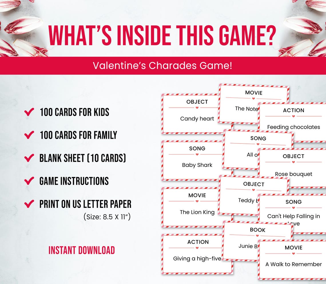 Valentine’s Day Charades Game Printable, 200 Charades Cards for Kids ...