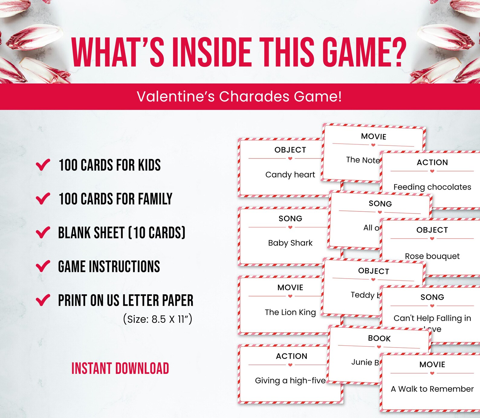 Valentine’s Day Charades Game Printable, 200 Charades Cards for Kids ...