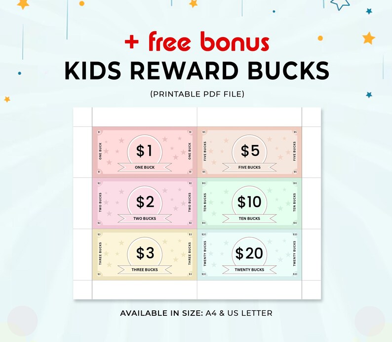Editable Kids Reward Chart, Kids Reward Bucks, Coupons, Kids Chore ...