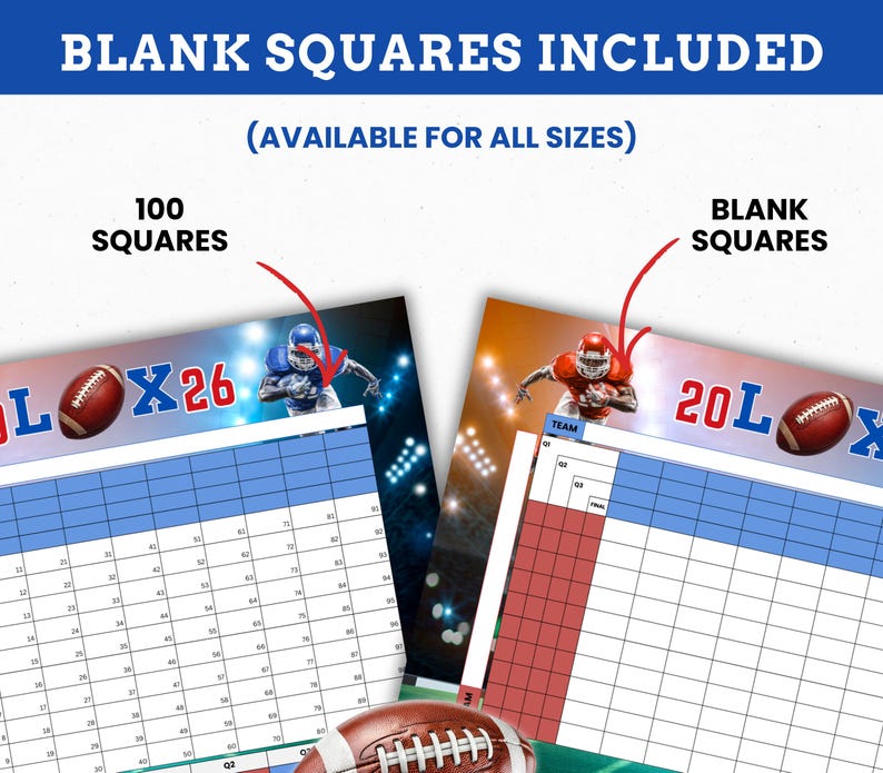 2026 Football Squares Template | 100 Football Squares Grid Pool, Big ...