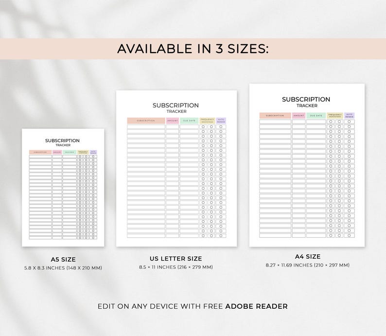 Editable Subscription Tracker, Monthly Subscription Log, Printable ...