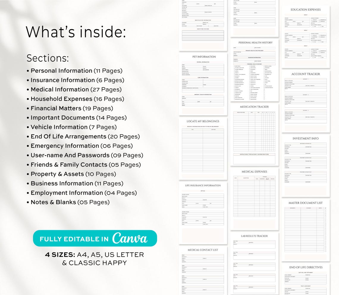 End of Life Planner, PRINTABLE Just in Case of Emergency Binder, Life ...