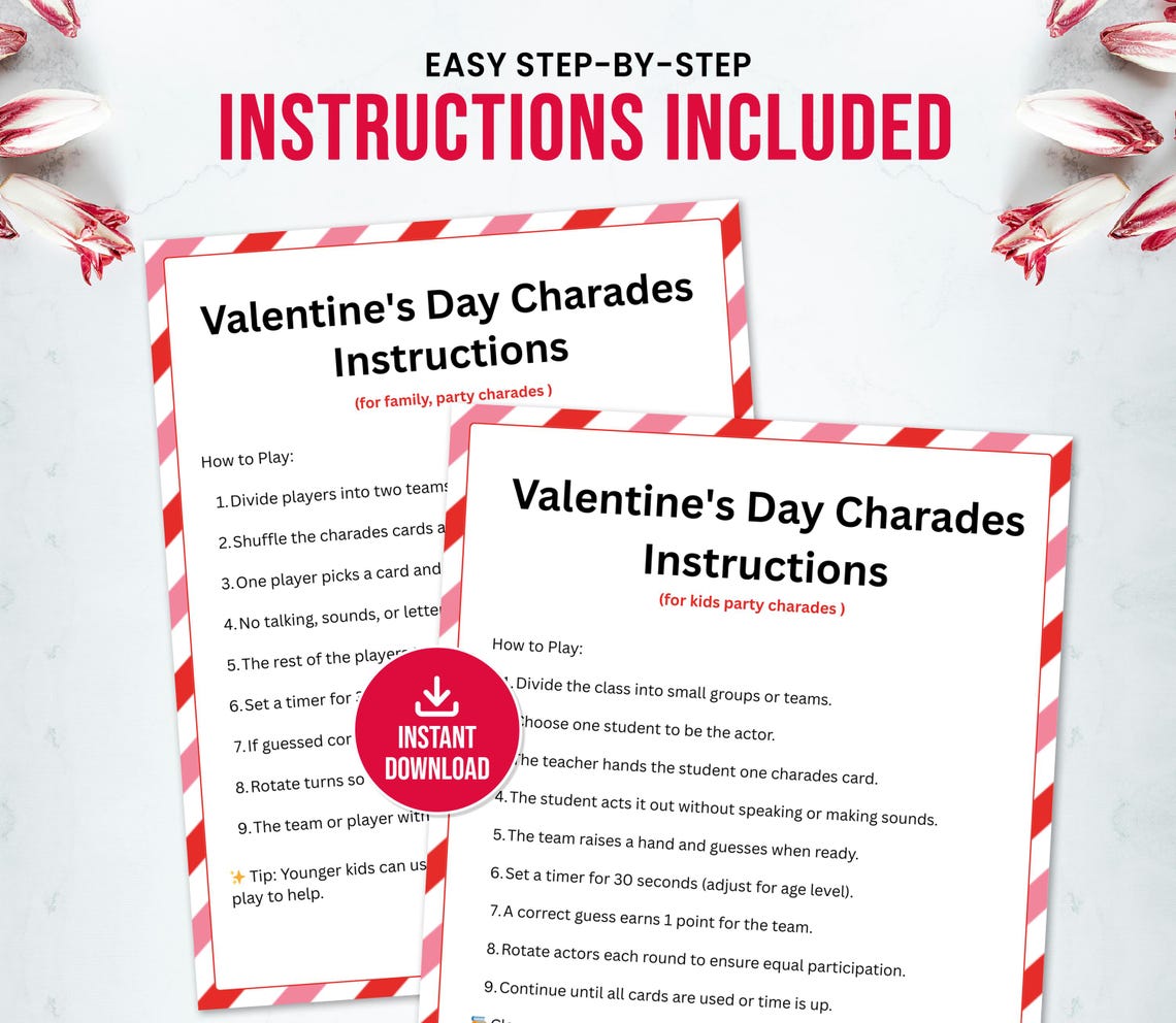 Valentine’s Day Charades Game Printable, 200 Charades Cards for Kids ...
