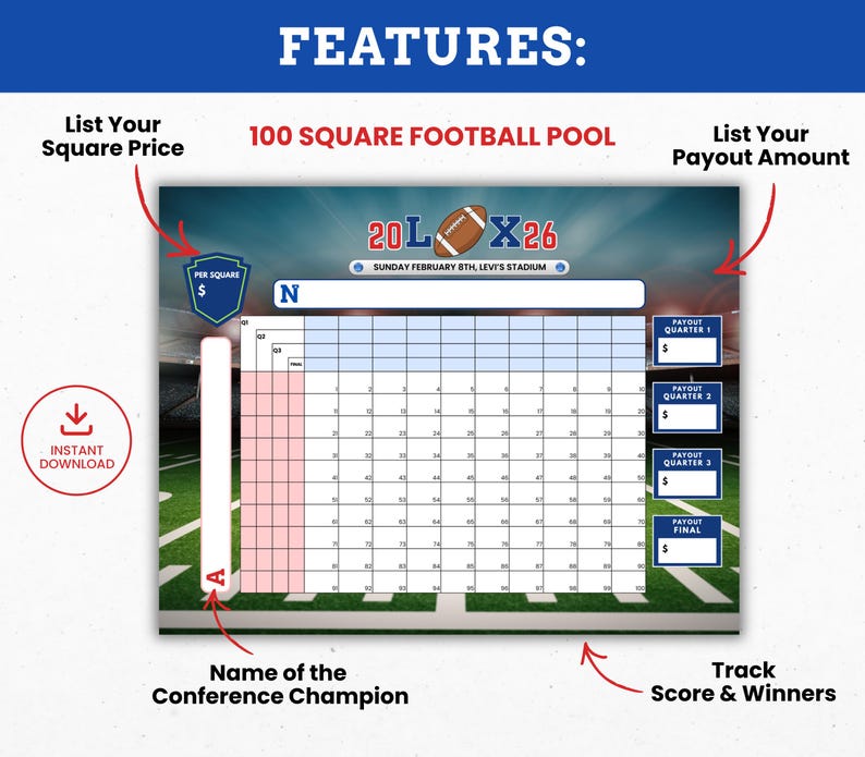 Super Big Game Football Squares, 2026 Super Big Bowl Pool, 100 Squares ...