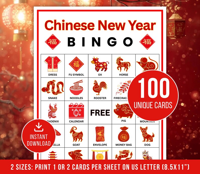 Chinese New Year Bingo, 100 Bingo Cards, Chinese New Year Bingo Cards ...