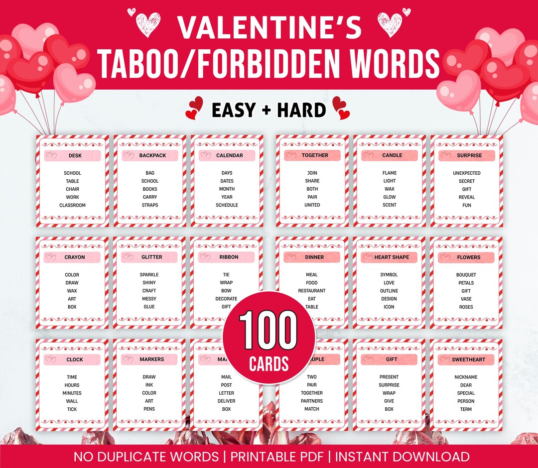 Valentine’s Day Taboo Game Printable | Forbidden Words Valentine Party ...