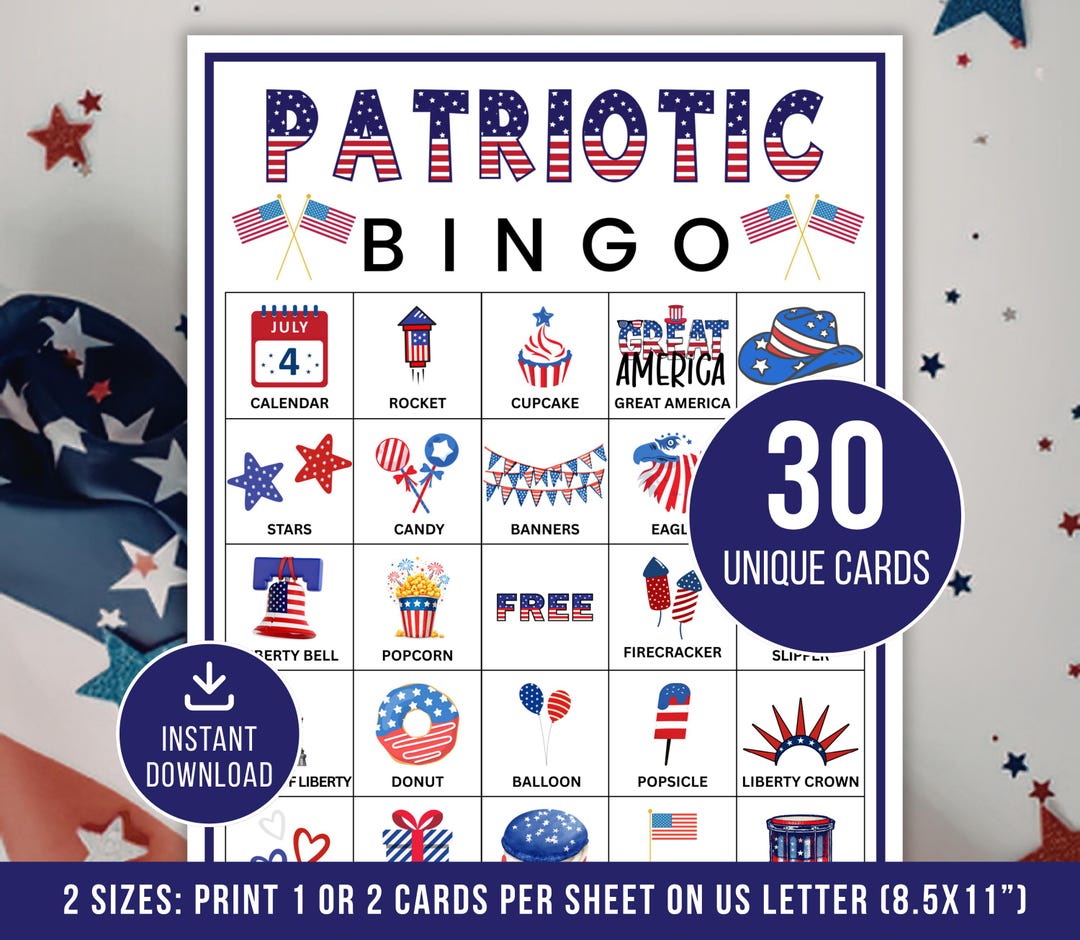 Patriotic Bingo, 30 Patriotic Bingo Cards, Printable Party Games, 4th ...