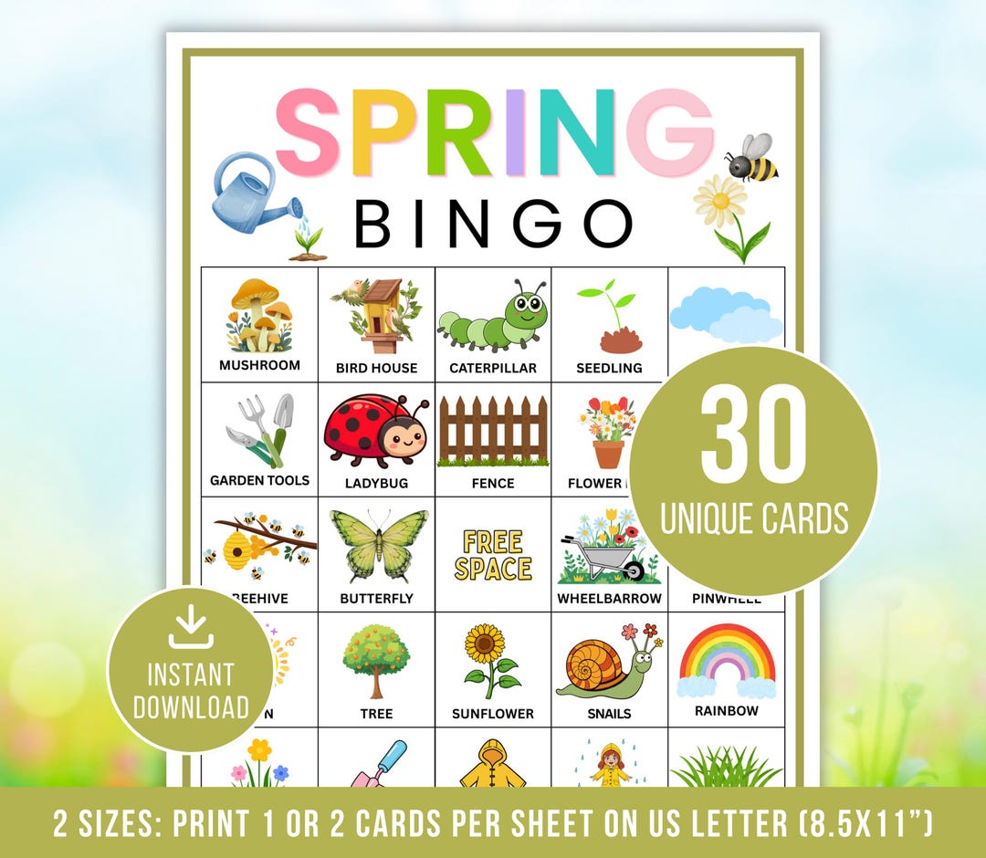 Spring Bingo Game, 30 Spring Bingo Cards, Spring Party Game, Printable ...