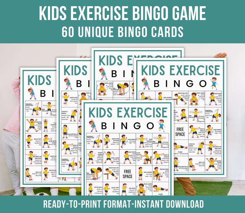 Kids Exercise Bingo, Exercise Bingo Cards, Printable Fitness Bingo Game ...