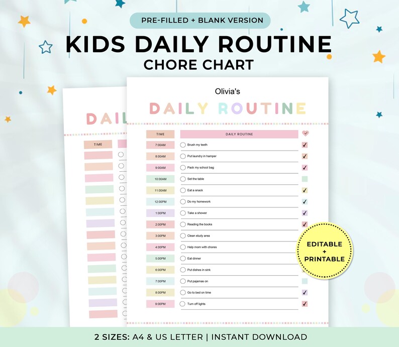 Kids Daily Checklist Editable, Kids Routine Chart, Printable Kids Daily ...