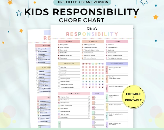 Editable Responsibility Chore Chart for Kids | Printable | Kids Daily ...