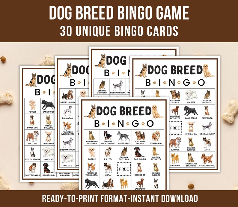 Dog Breed Bingo Cards, Printable Dog Bingo Cards Game, Dog Birthday ...