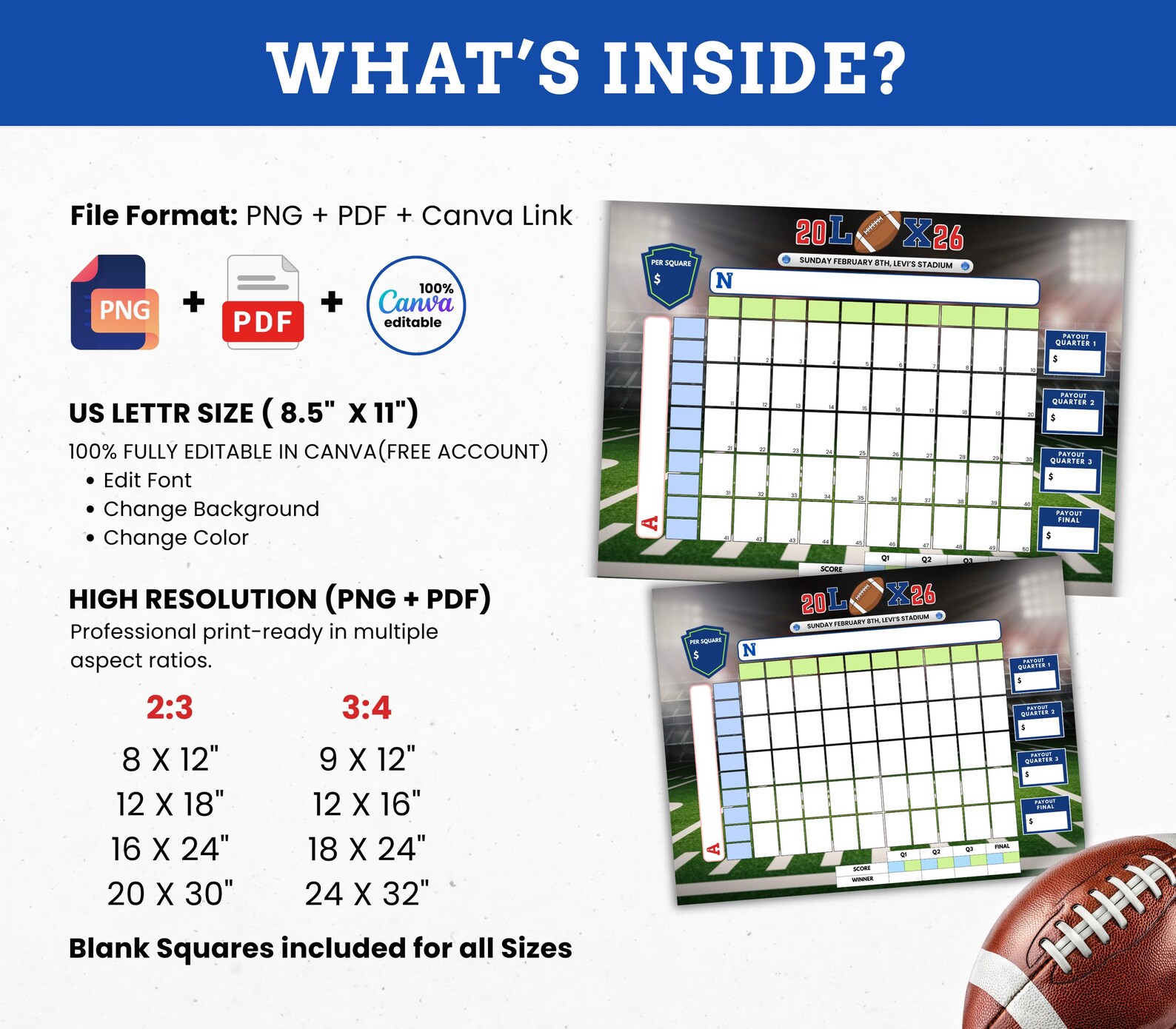Super Big Game Football Squares, 2026 Super Big Bowl Pool, 50 Squares ...