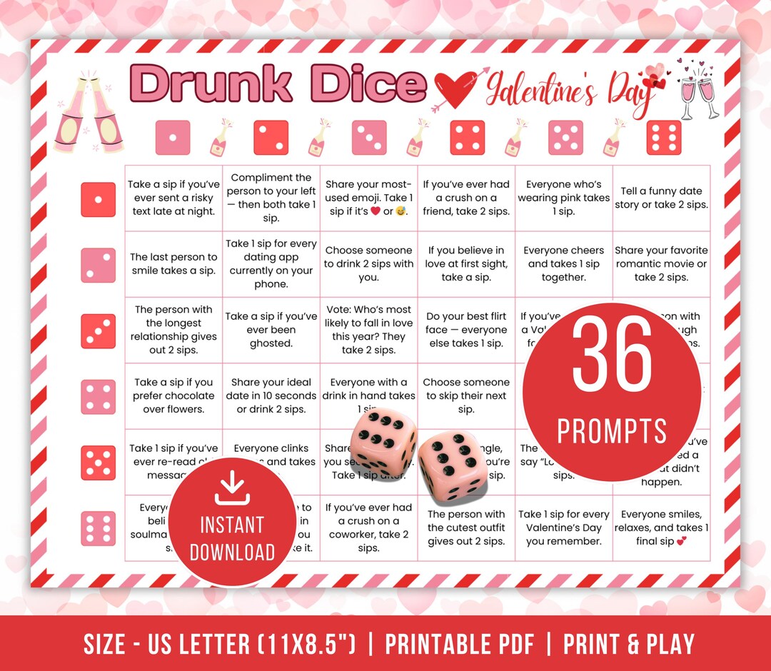 Valentine’s Drunk Dice Game Printable – Galentine’s Party Drinking Game ...