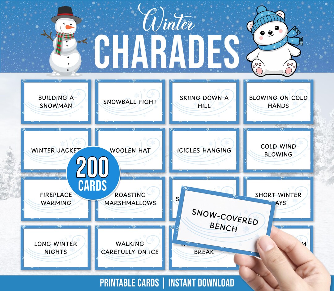 Winter Charades Cards, Printable 5-second Game Cards, Family Charades ...