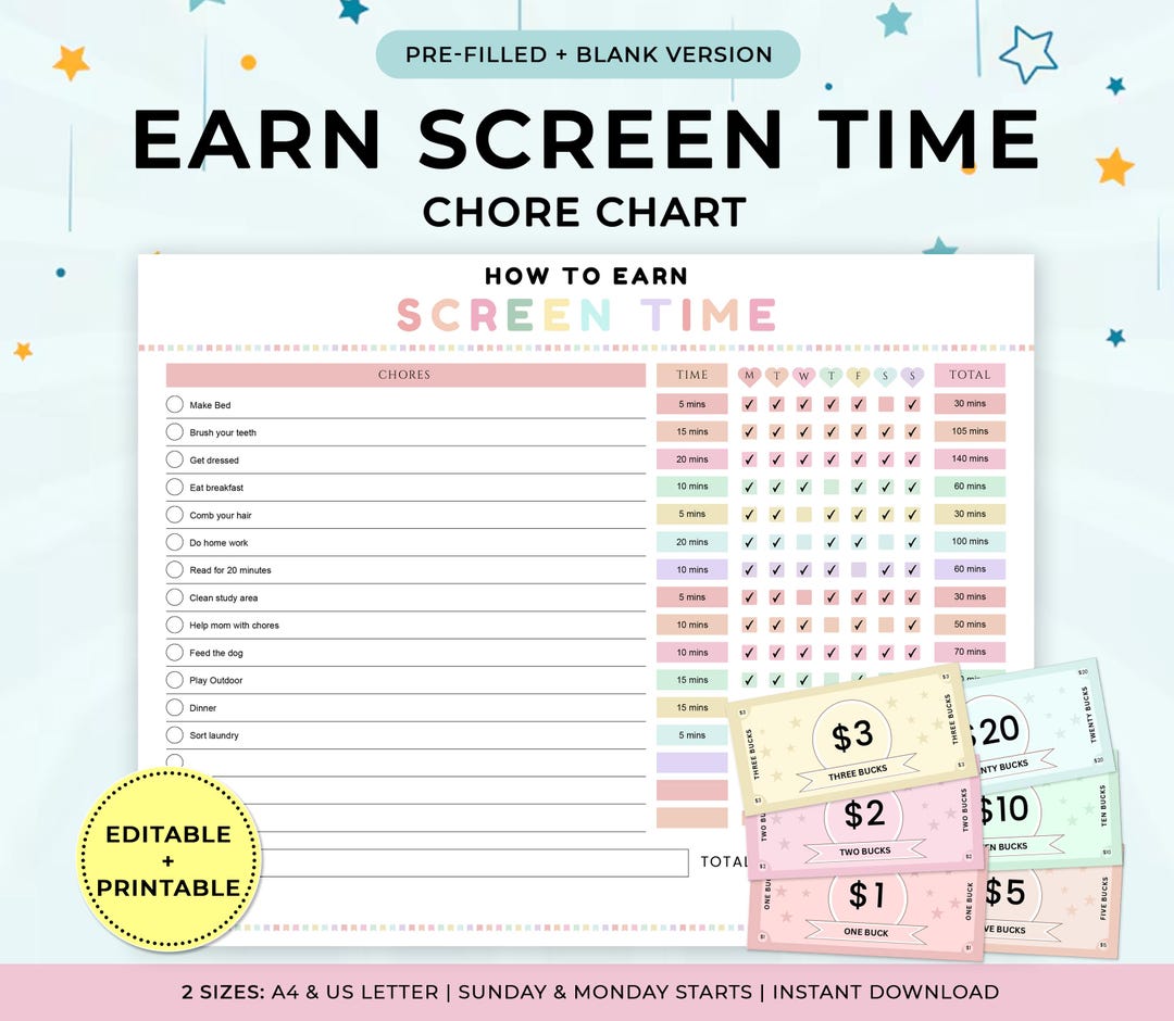 Editable Kids Screen Time Chart, Reward Chart, Earn Screen Time Chore ...