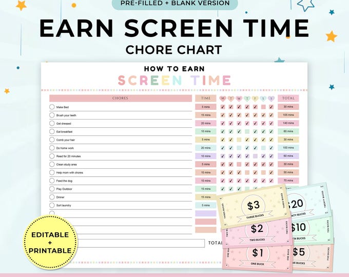 Editable Screen Time Chart, Printable Screen Reward Bucks, Reward Chart ...
