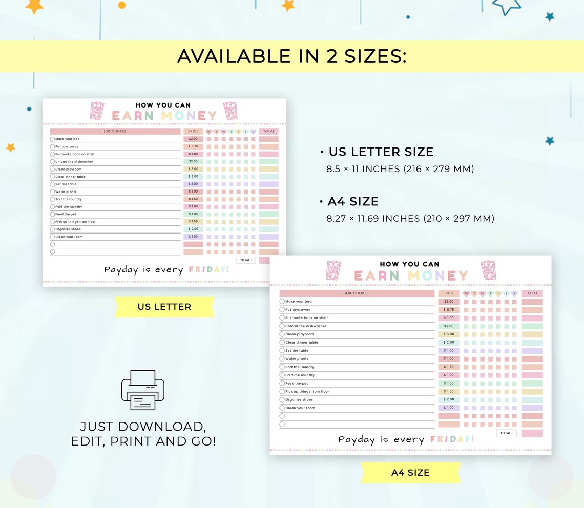 EDITABLE Allowance Tracker Kids, Printable Earn Money Chart, Daily ...