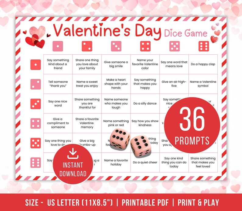 Valentine’s Day Dice Game Printable, Valentine Dice Game for Kids ...