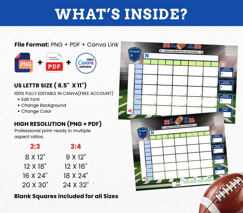 2026 Football Squares Template | 25 Football Squares Grid Pool, Big ...
