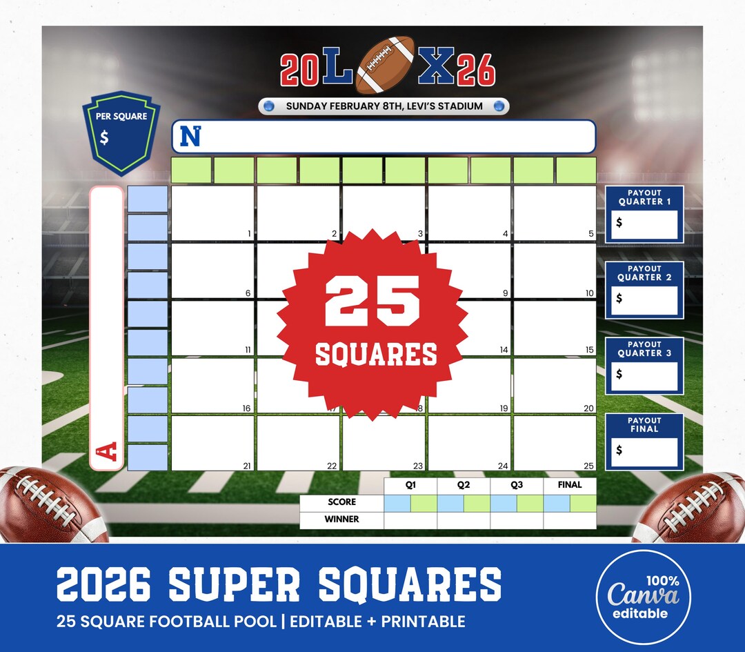 2026 Football Squares Template | 25 Football Squares Grid Pool, Big ...