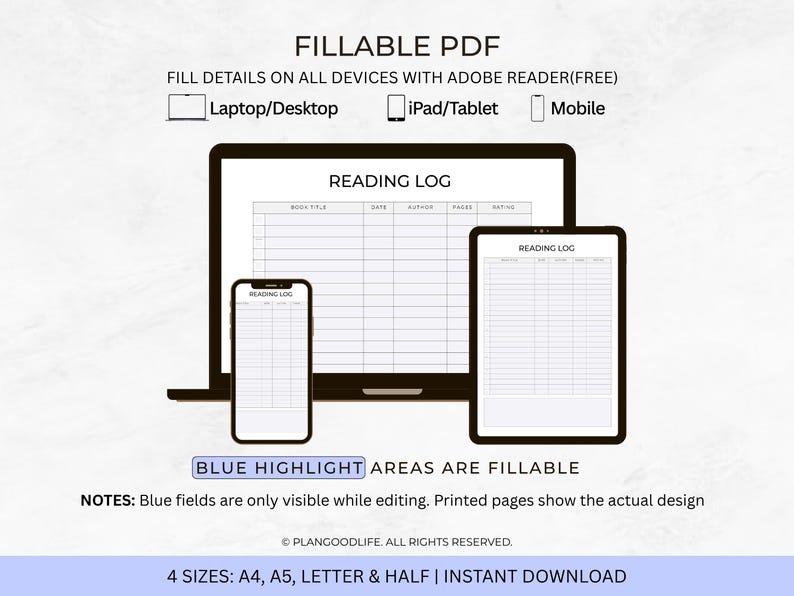 Reading Log Printable Editable, Fillable Reading Tracker PDF, Book ...