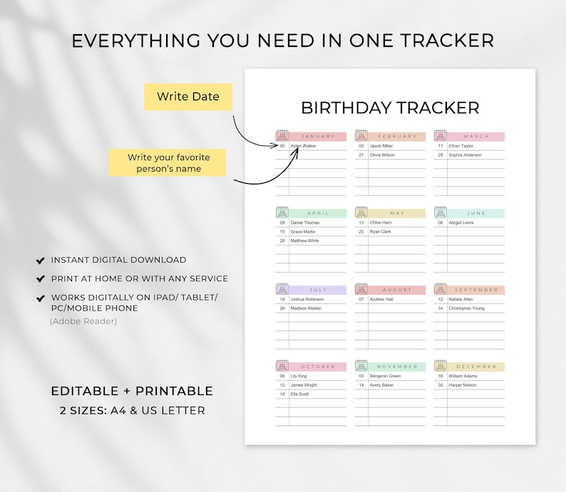 Editable Birthday Tracker, Printable Birthday List, Birthday Calendar ...