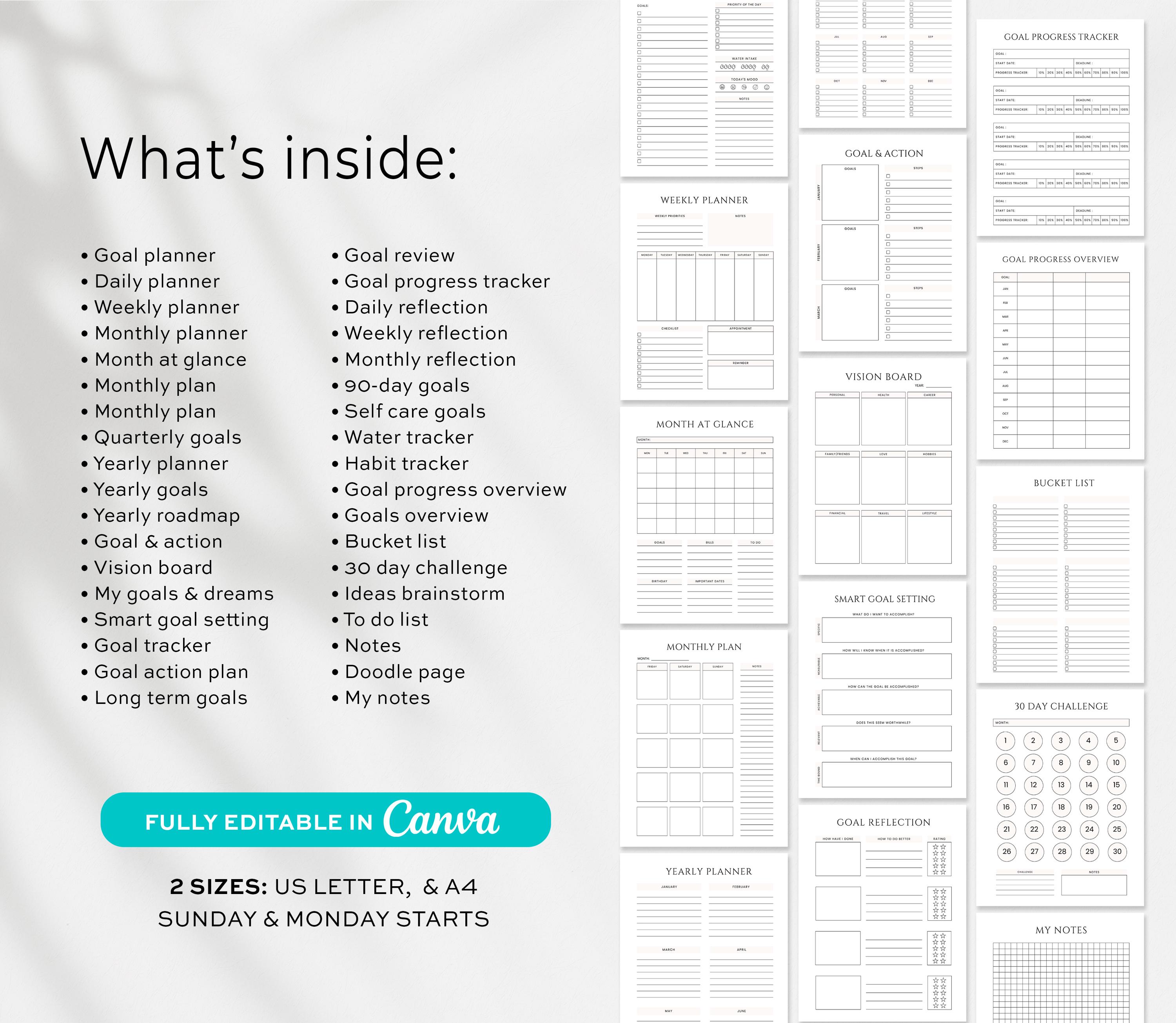 Editable Goal Planner Bundle, Printable Goals Tracker, Smart Goal ...
