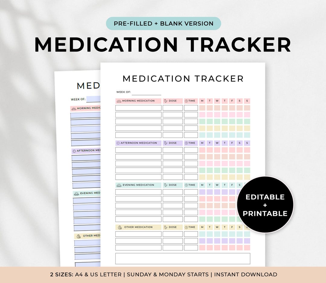 Daily Medication Tracker, Printable Medication Log, Weekly Medicine ...