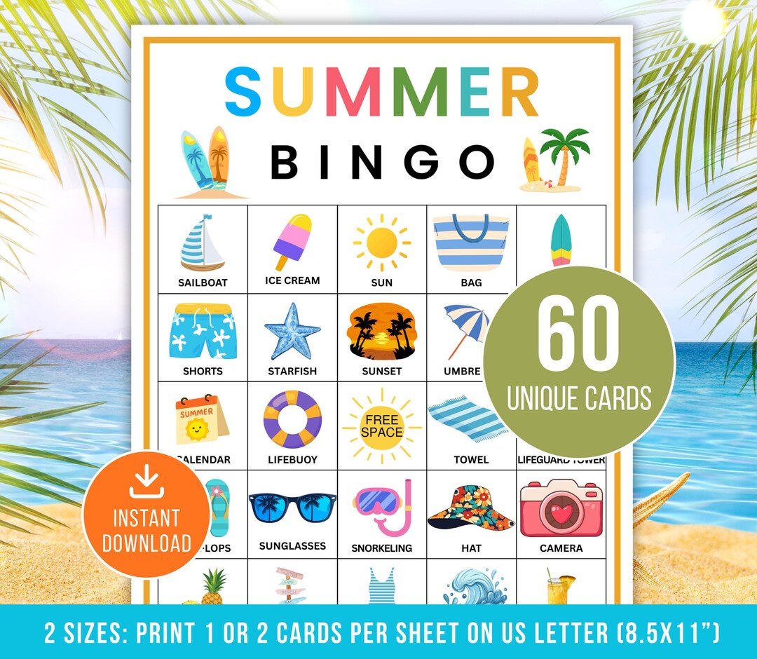 Summer Bingo, 60 Summer Bingo Cards, Printable Summer Game, Kid's ...